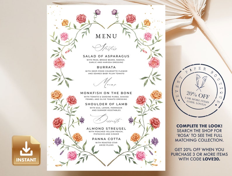 ROSA Romantic Wedding Menu Card Template, Printable Wedding Menu Card ...