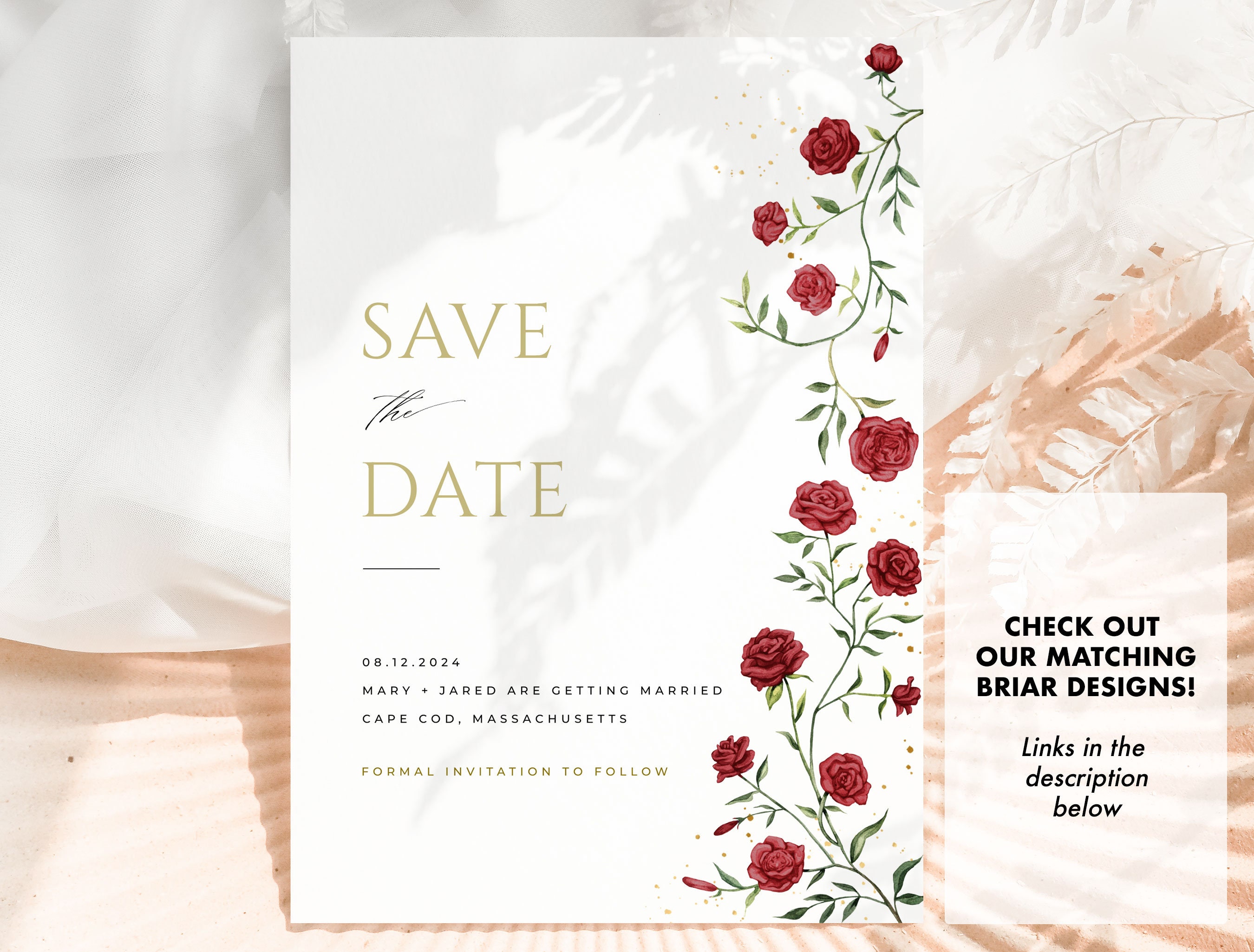 BRIAR - Red Rose Save the Date Card, Romantic Save the Date, Editable ...