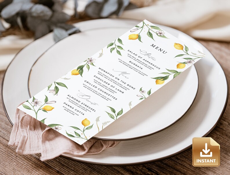 Lemon Menu Card Template Summer Wedding Menu Card Instant - Etsy