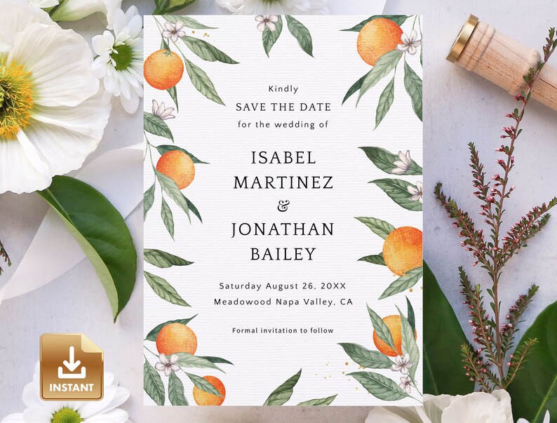 Orange Save the Date Card: Citrus Wedding Invitation (digital Download ...