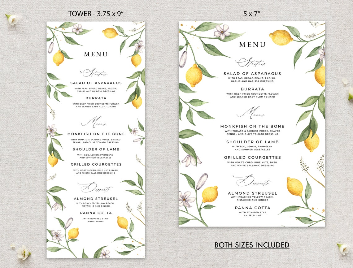 Lemon Menu Card Template Summer Wedding Menu Card Instant - Etsy