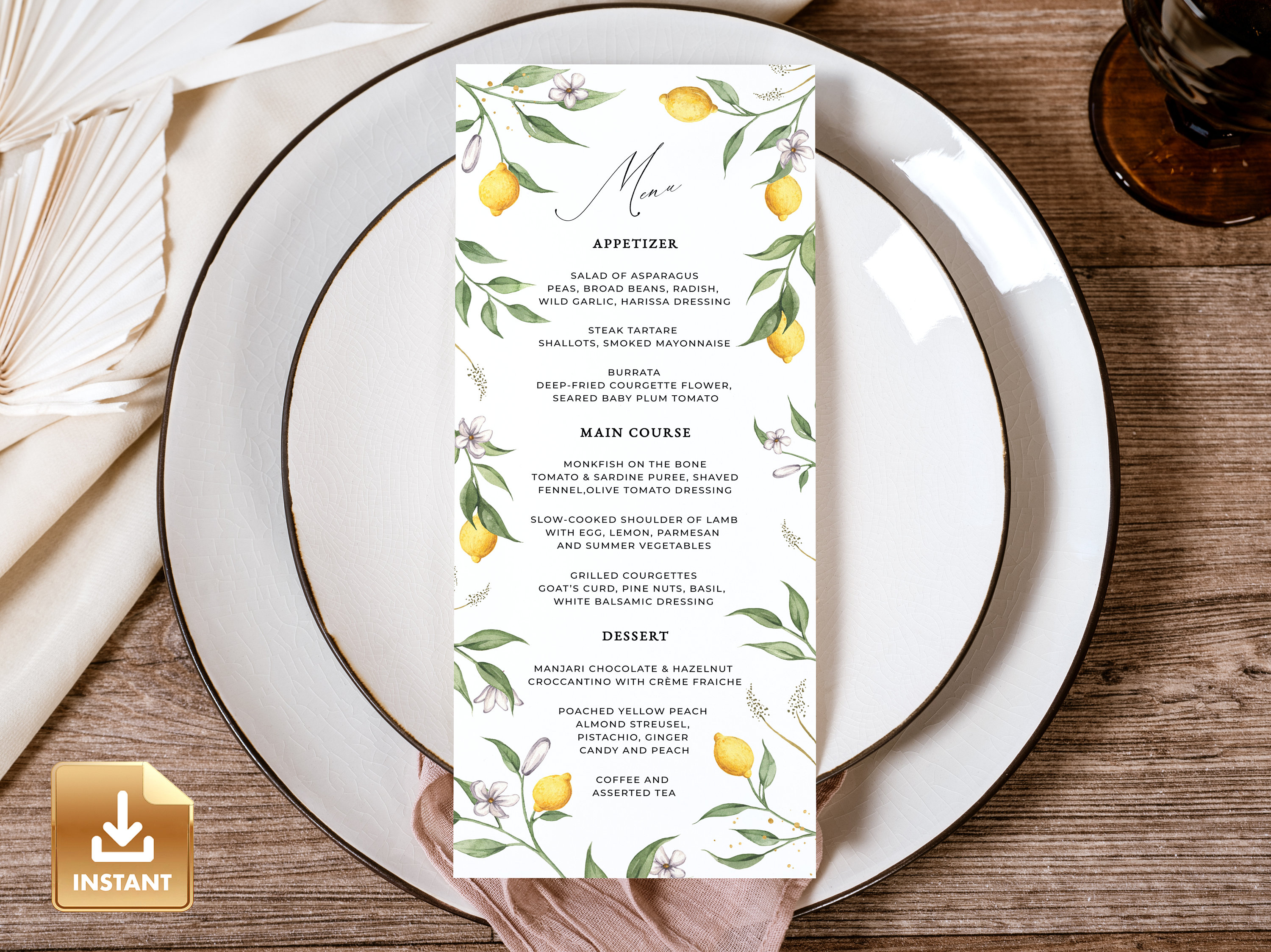 CAPRI - Lemon Menu Card Template, Summer Wedding Menu, Instant Download ...