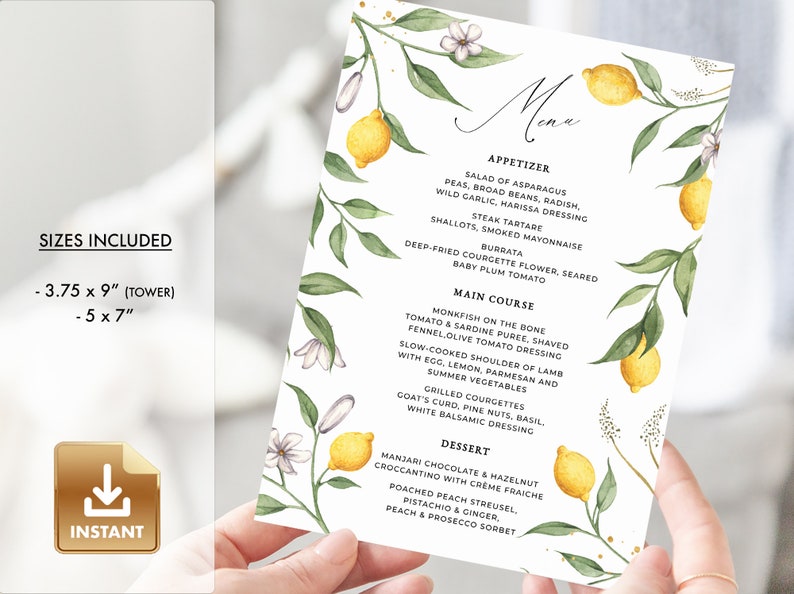 CAPRI - Lemon Menu Card Template, Summer Wedding Menu, Instant Download ...