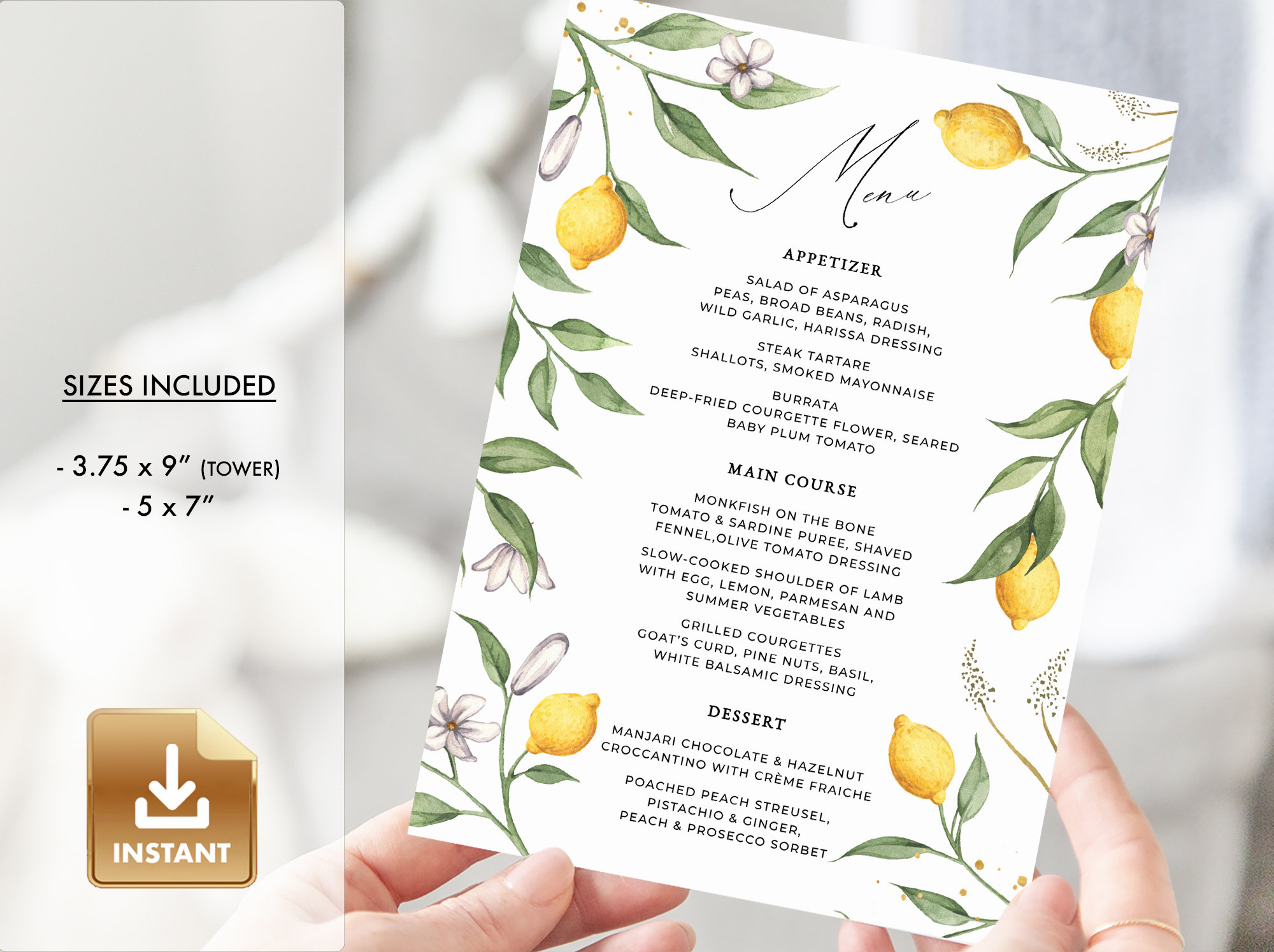 CAPRI Lemon Menu Card Template, Summer Wedding Menu, Instant Download ...