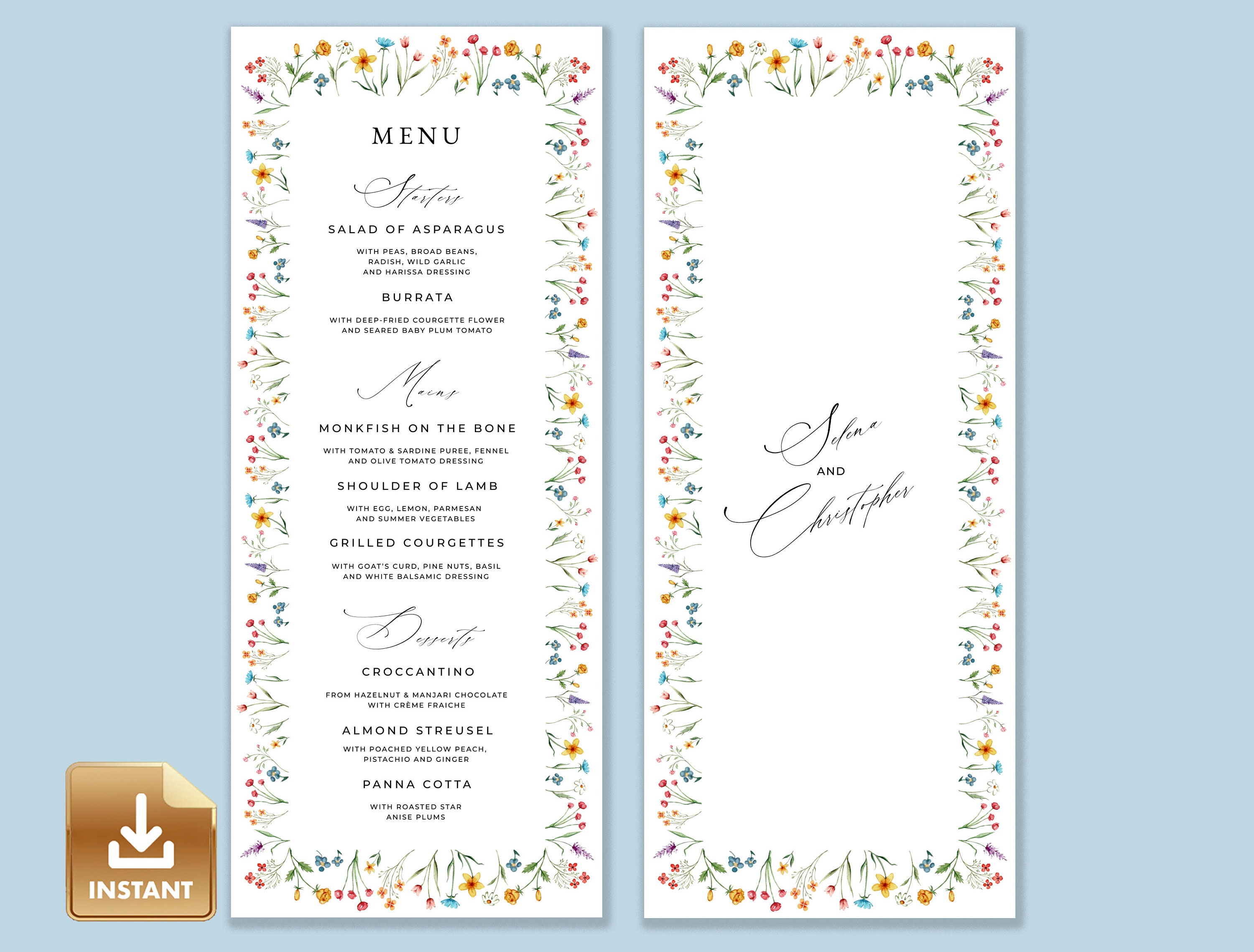FLORA Wildflower Menu Card Template, Summer Wedding Menu, Colorful ...
