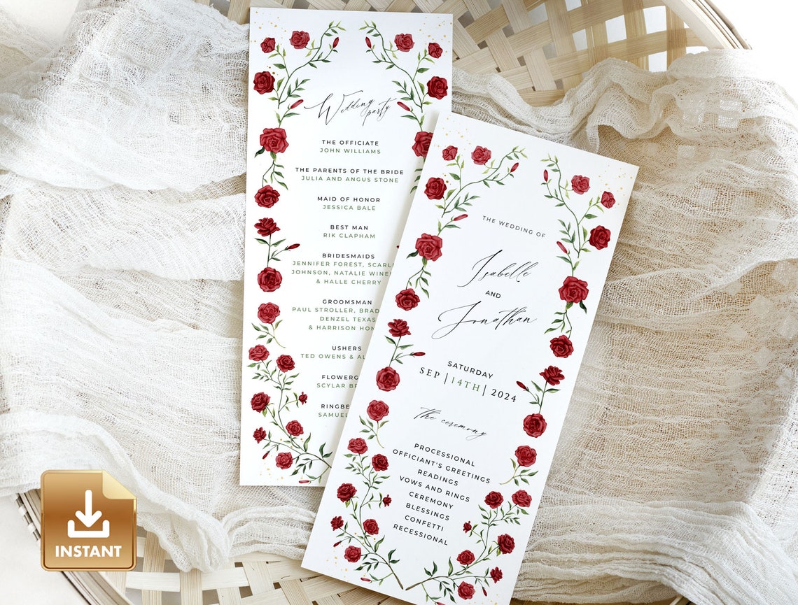 Red Rose Wedding Program Template, Romantic Ceremony Program, Printable ...