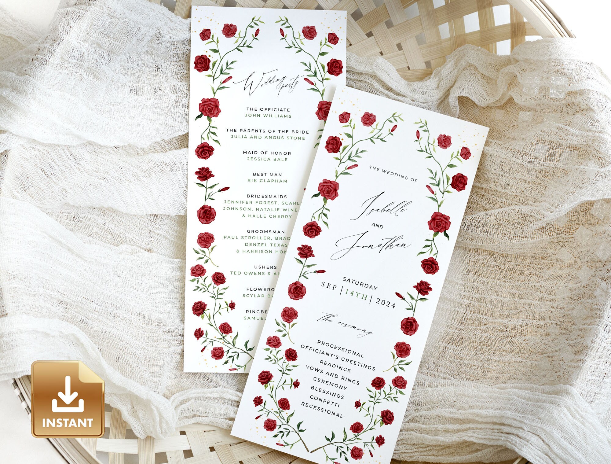 Red Rose Wedding Program Template, Romantic Ceremony Program, Printable ...