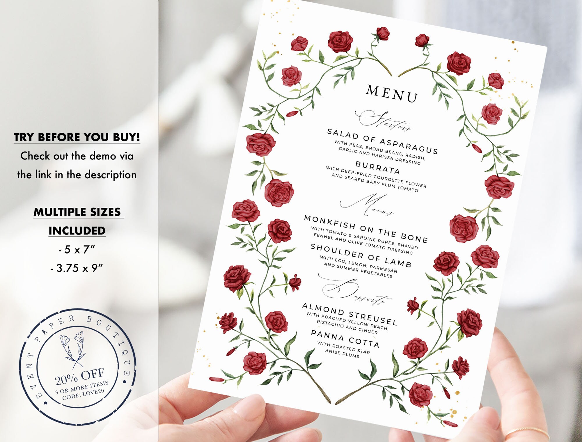 BRIAR Red Rose Menu Card Template, Romantic Wedding Menu, Editable Rose ...