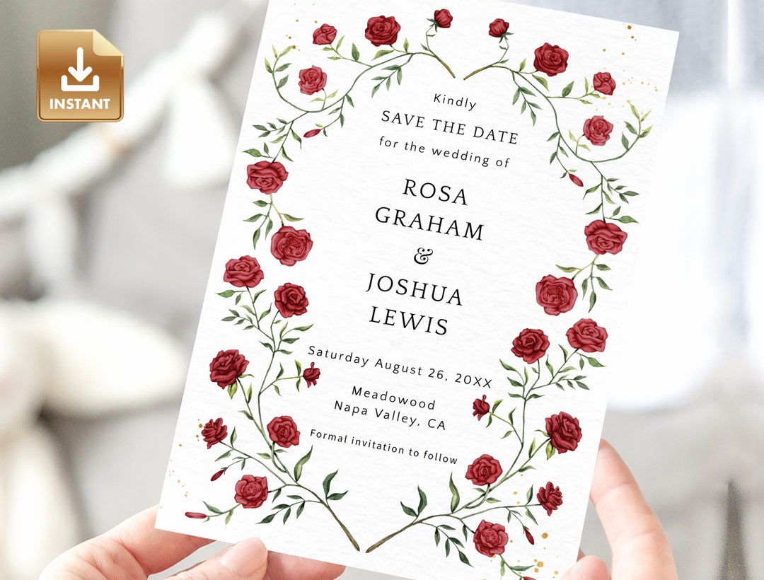 Red Rose Save the Date Invitation, Romantic Wedding Invite, Instant ...
