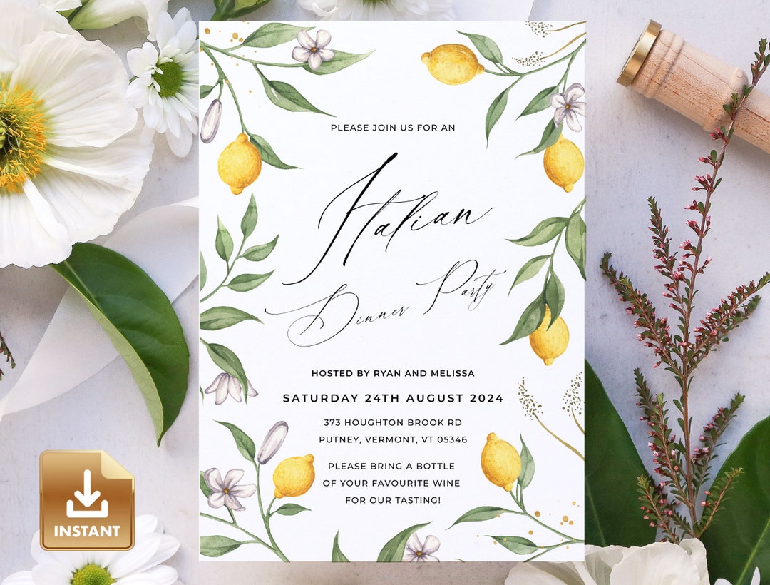CAPRI - Summer Dinner Party Invitation Template, Lemon Dinner Party ...