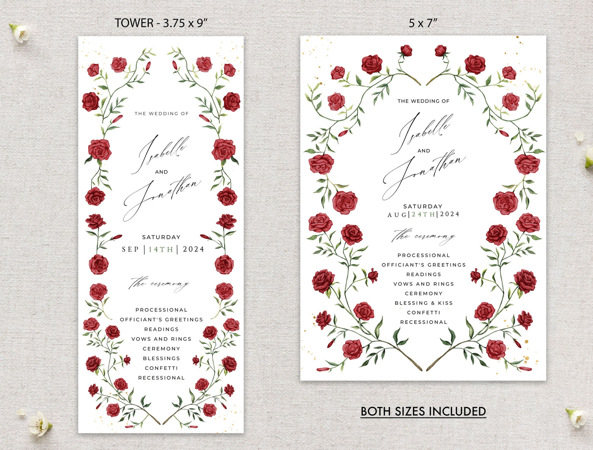 Red Rose Wedding Program Template, Romantic Ceremony Program, Printable ...