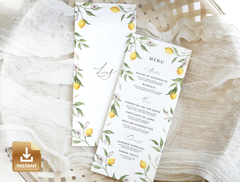 Lemon Menu Card Template Summer Wedding Menu Card Instant - Etsy