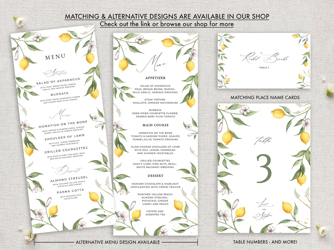 Lemon Menu Card Template Summer Wedding Menu Card Instant - Etsy