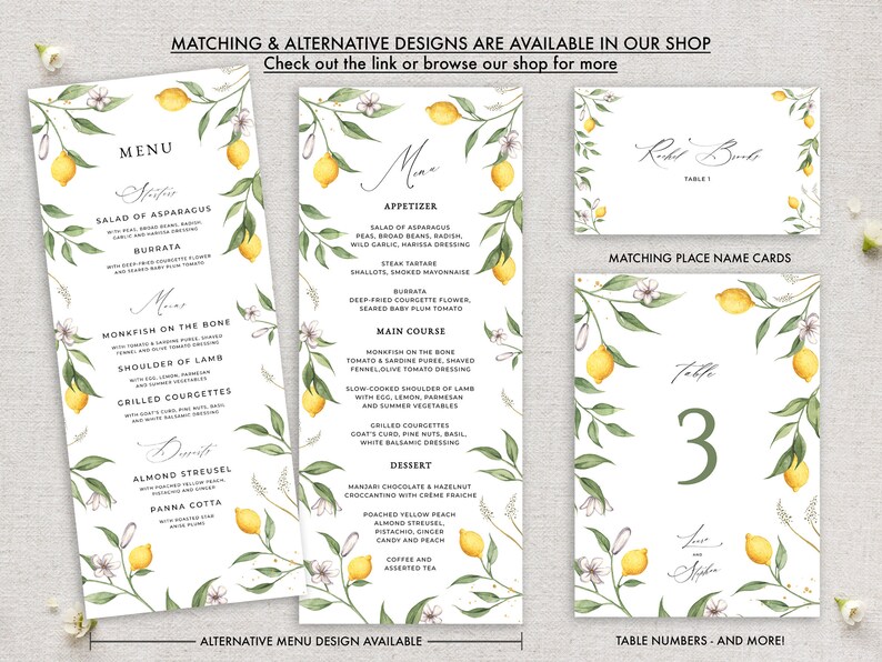 Lemon Menu Card Template Summer Wedding Menu Card Instant - Etsy