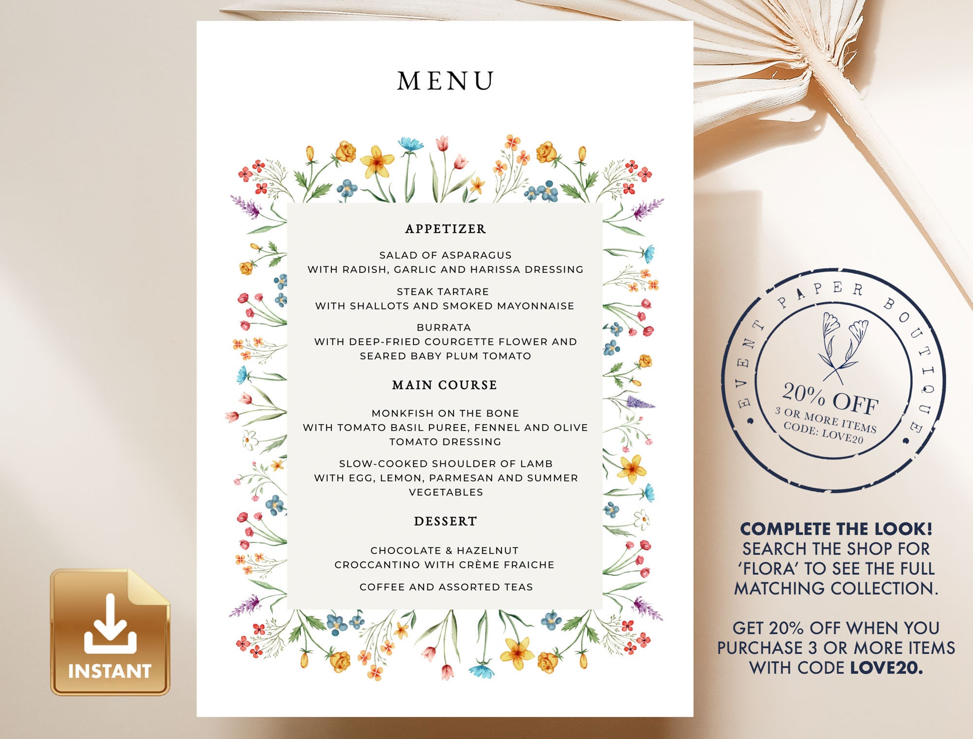 FLORA Floral Menu Template, Wildflower Wedding Menu, INSTANT Download ...
