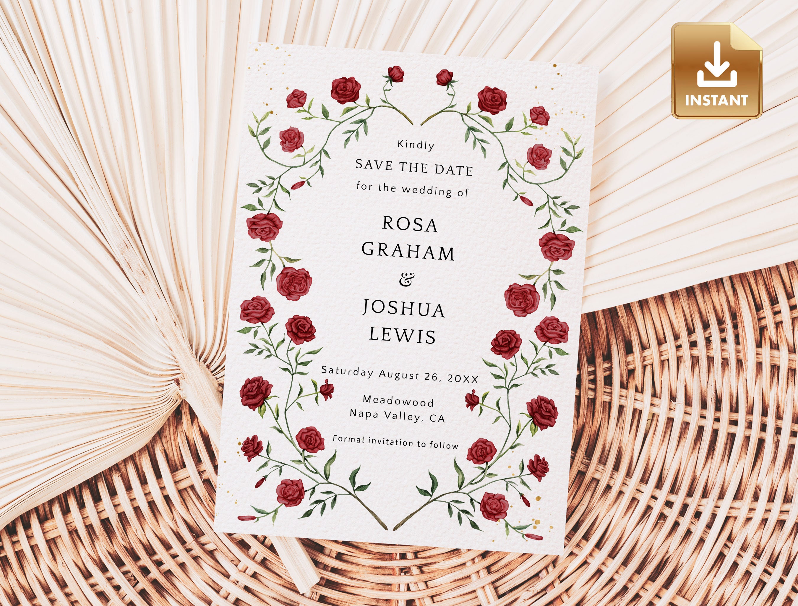 Red Rose Save the Date Invitation, Romantic Wedding Invite, Instant ...