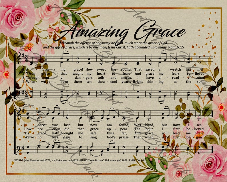 Digital File - Christian Hymn Sheet Music - Amazing Grace - JPG ...