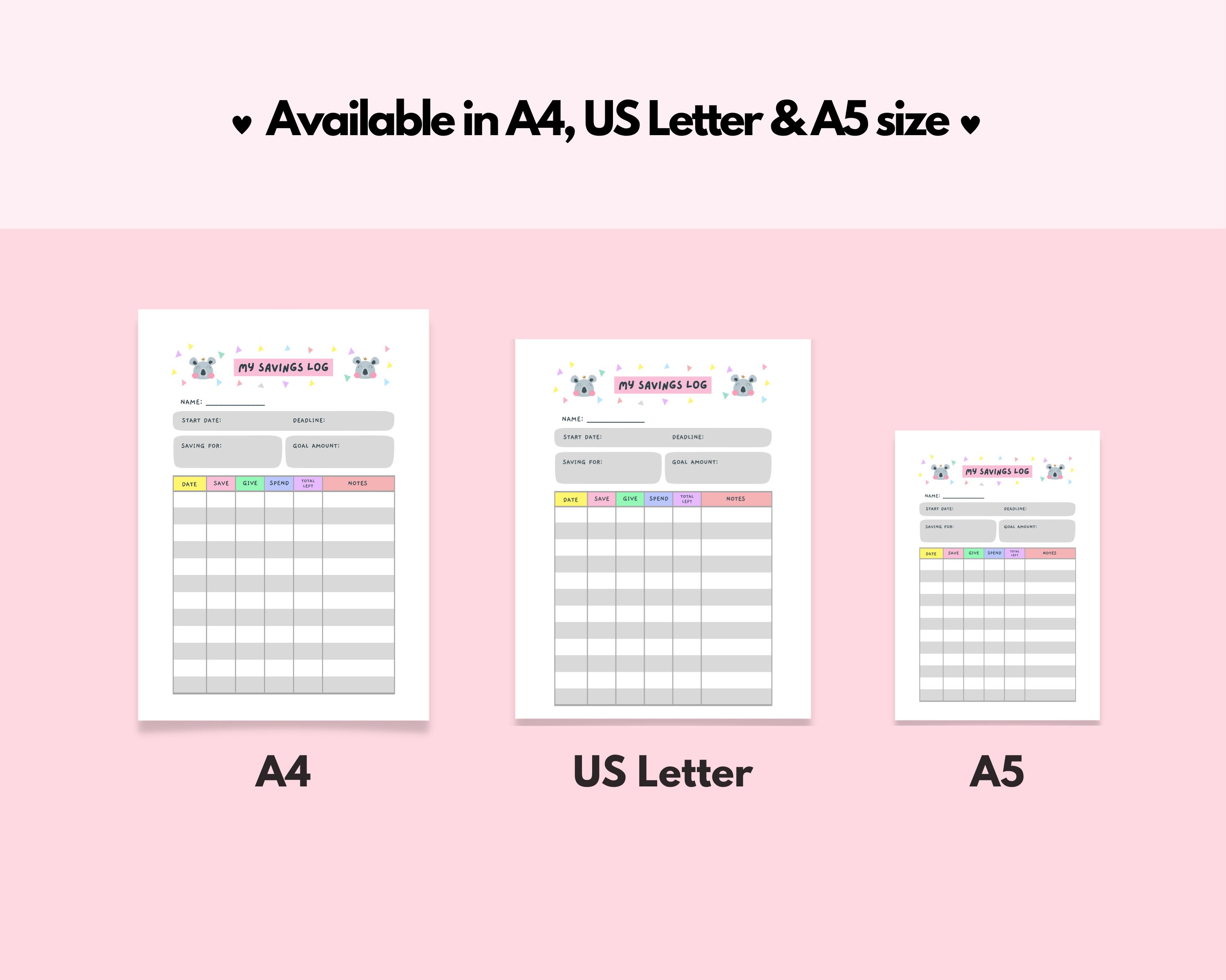 Printable Kid's Savings Log, Budget Tracker, Savings Goal Chart ...