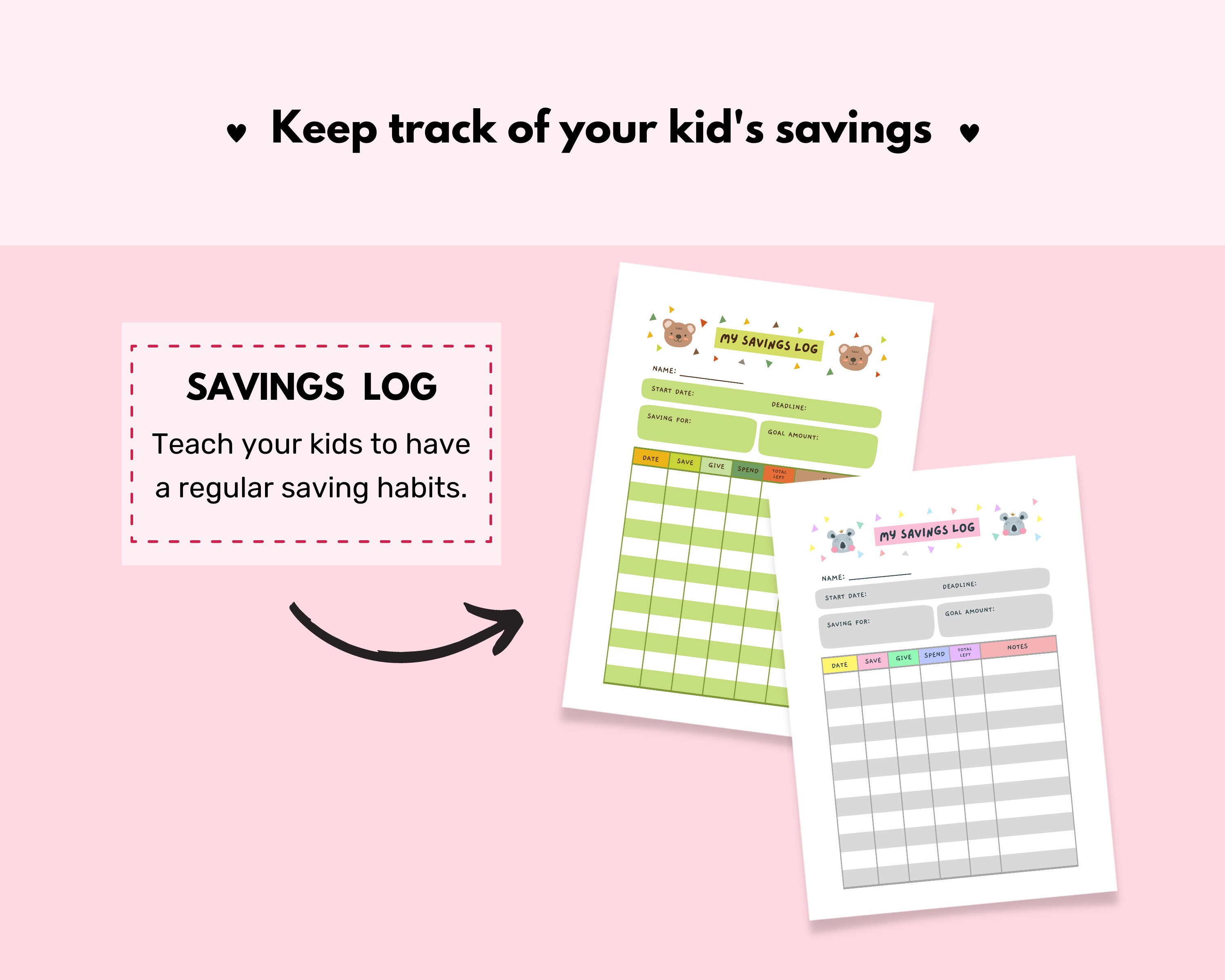 Printable Kid's Savings Log, Budget Tracker, Savings Goal Chart ...