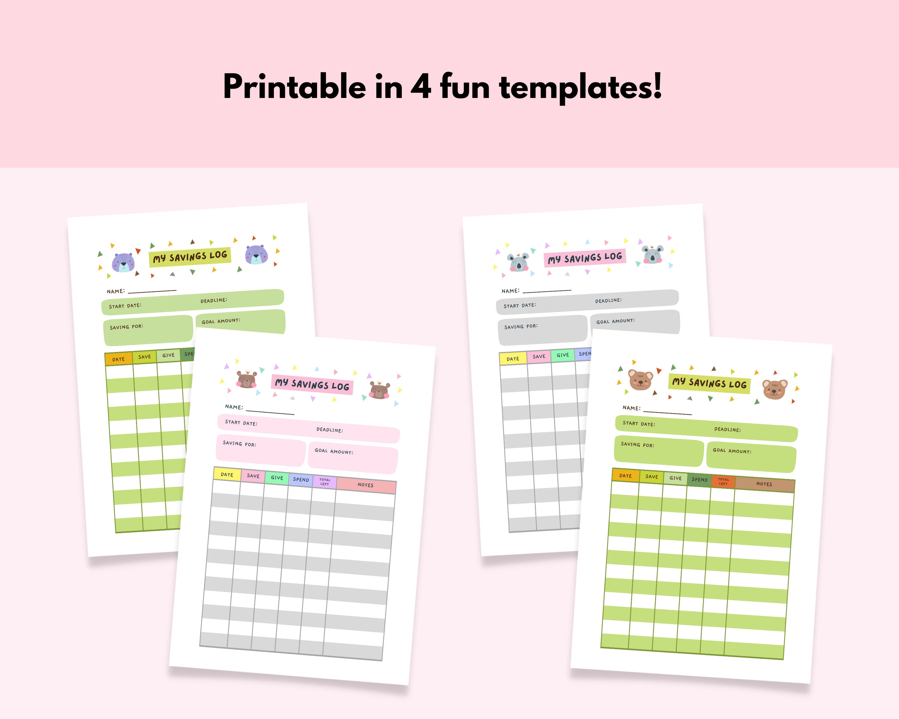 Printable Kid's Savings Log, Budget Tracker, Savings Goal Chart ...