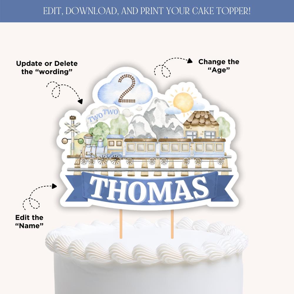 Train Cake Topper Printable, Train Theme Birthday Party, Editable Canva ...