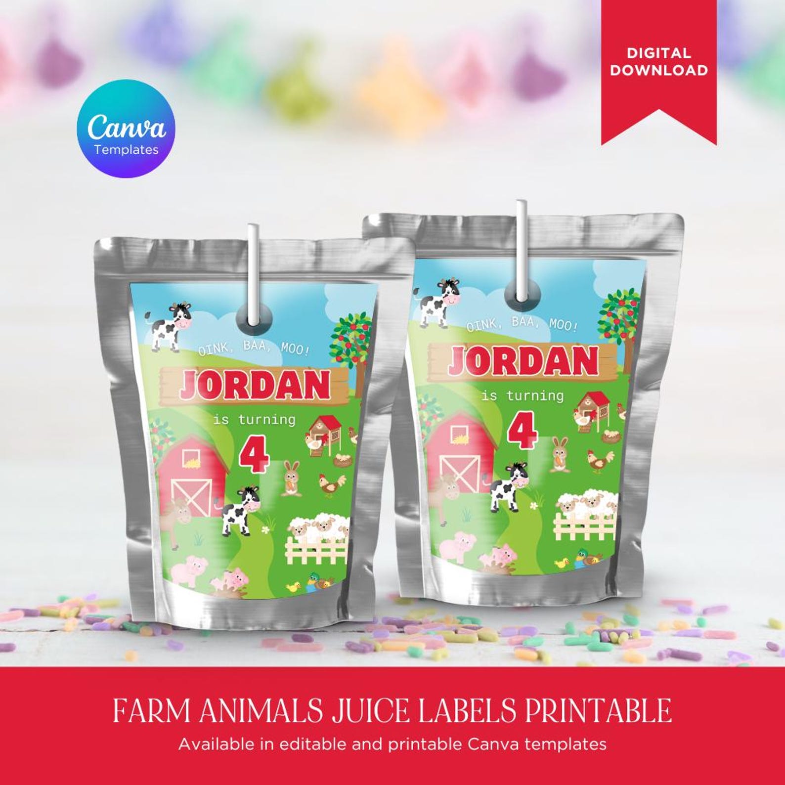 Farm Animals Juice Labels Printable, Juice Pouch Stickers, Barnyard ...