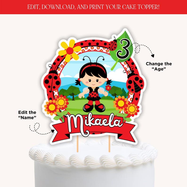 Ladybug Cake Topper Printable, Ladybug Theme Birthday Party, Editable ...