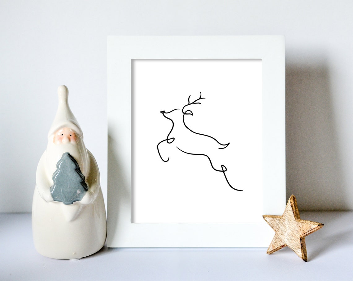 Reindeer Flying Line Art, Christmas Wall Art, Minimalistic, Abstract ...
