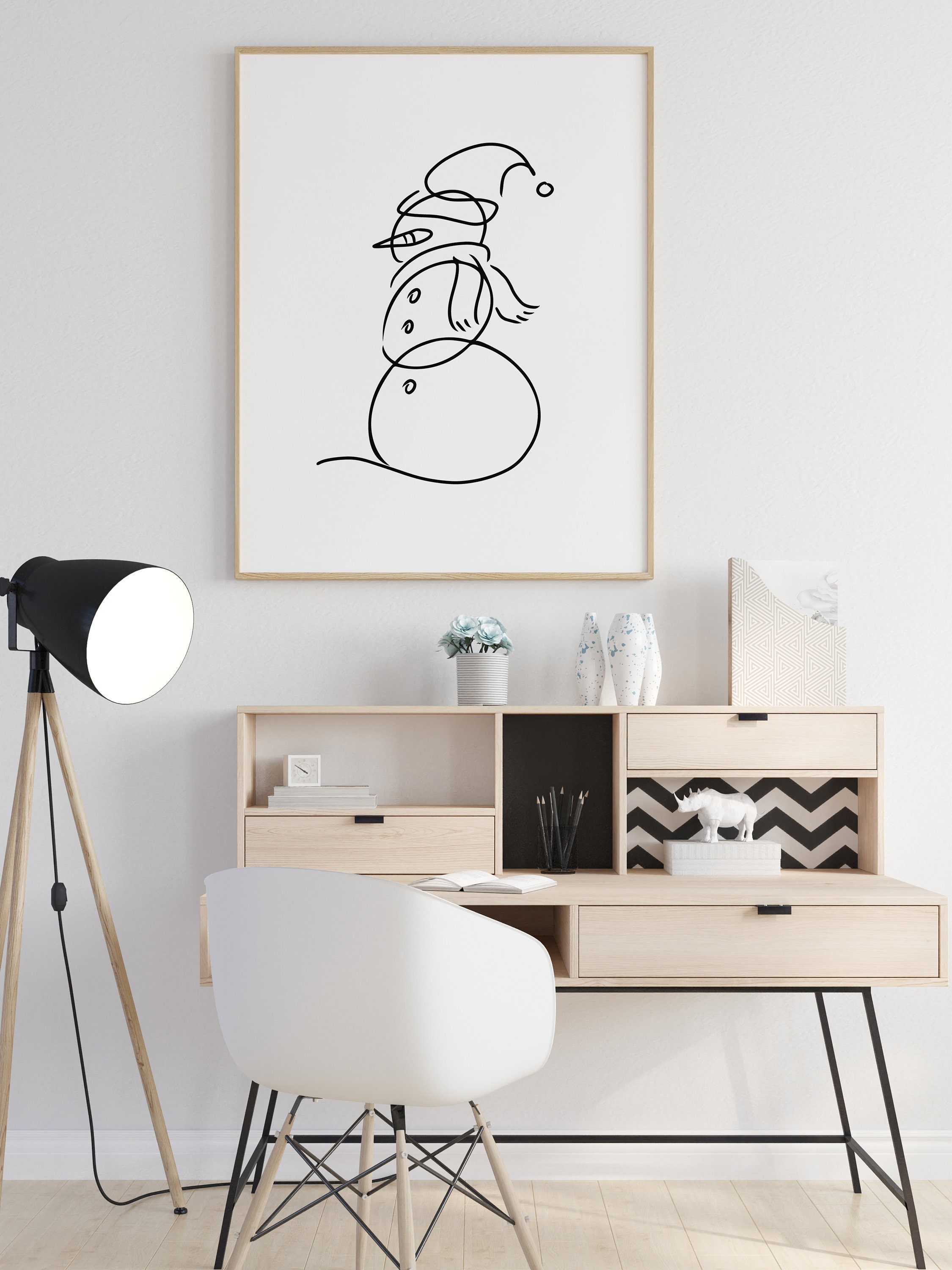 Snowman Line Art, Christmas Wall Art, Minimalistic, Abstract, One Line ...