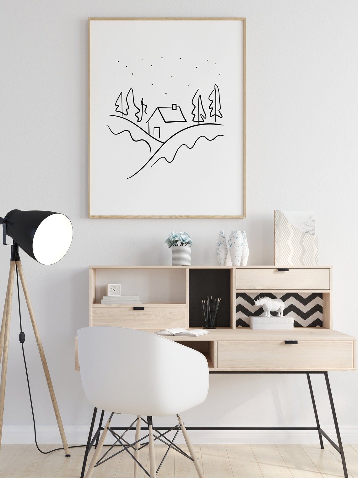 House in Winter Line Art, Christmas Wall Art, Minimalistic, Abstract ...