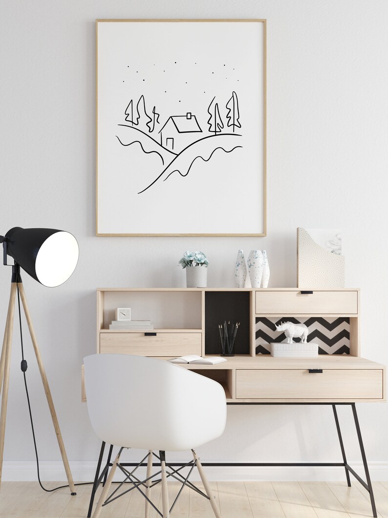 House in Winter Line Art, Christmas Wall Art, Minimalistic, Abstract ...