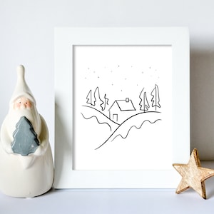 House in Winter Line Art, Christmas Wall Art, Minimalistic, Abstract ...