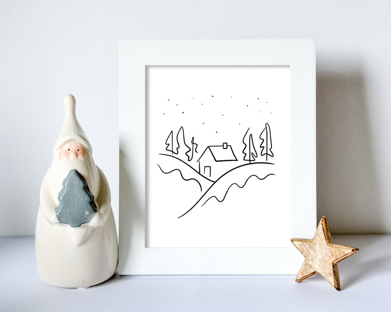House in Winter Line Art, Christmas Wall Art, Minimalistic, Abstract ...