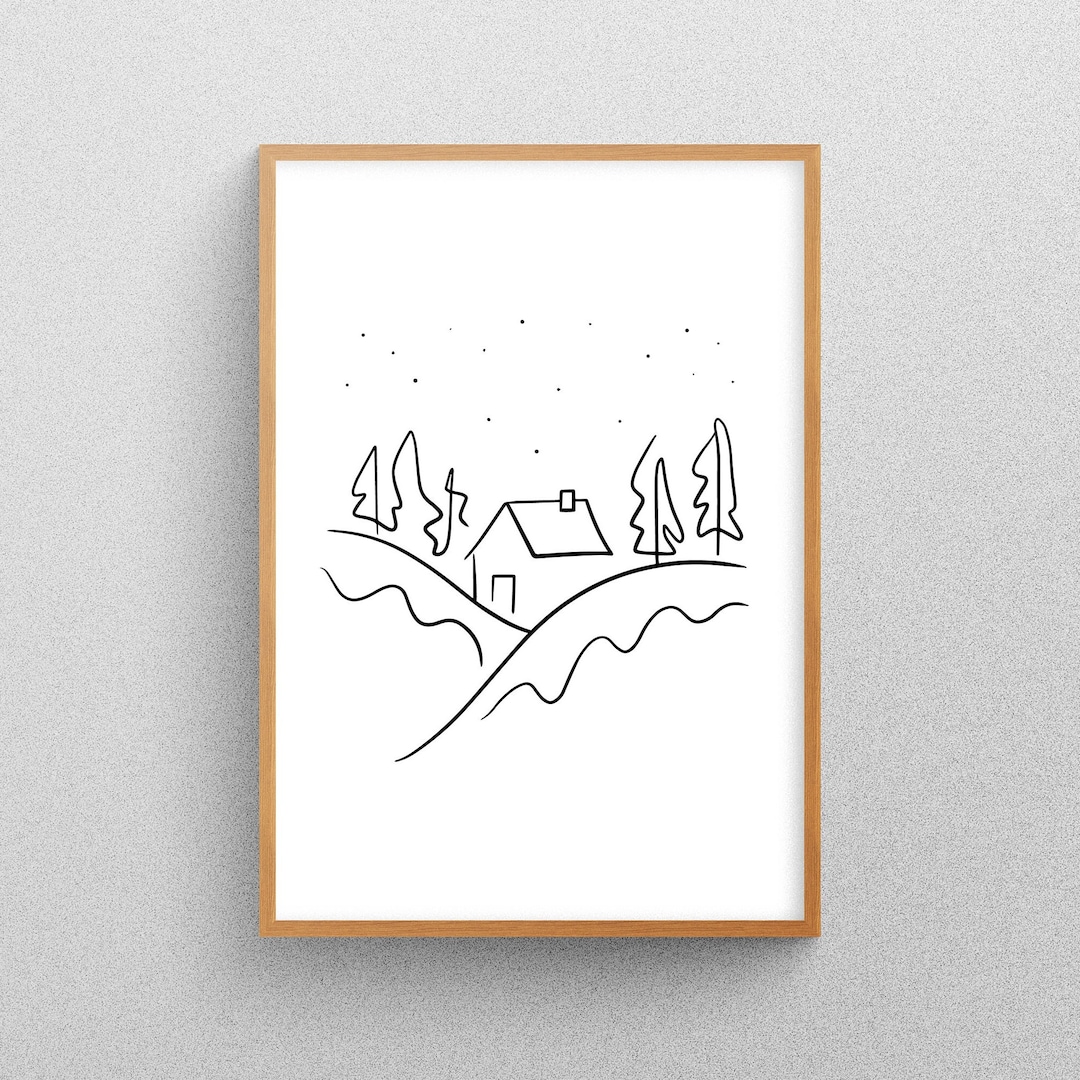 House in Winter Line Art, Christmas Wall Art, Minimalistic, Abstract ...
