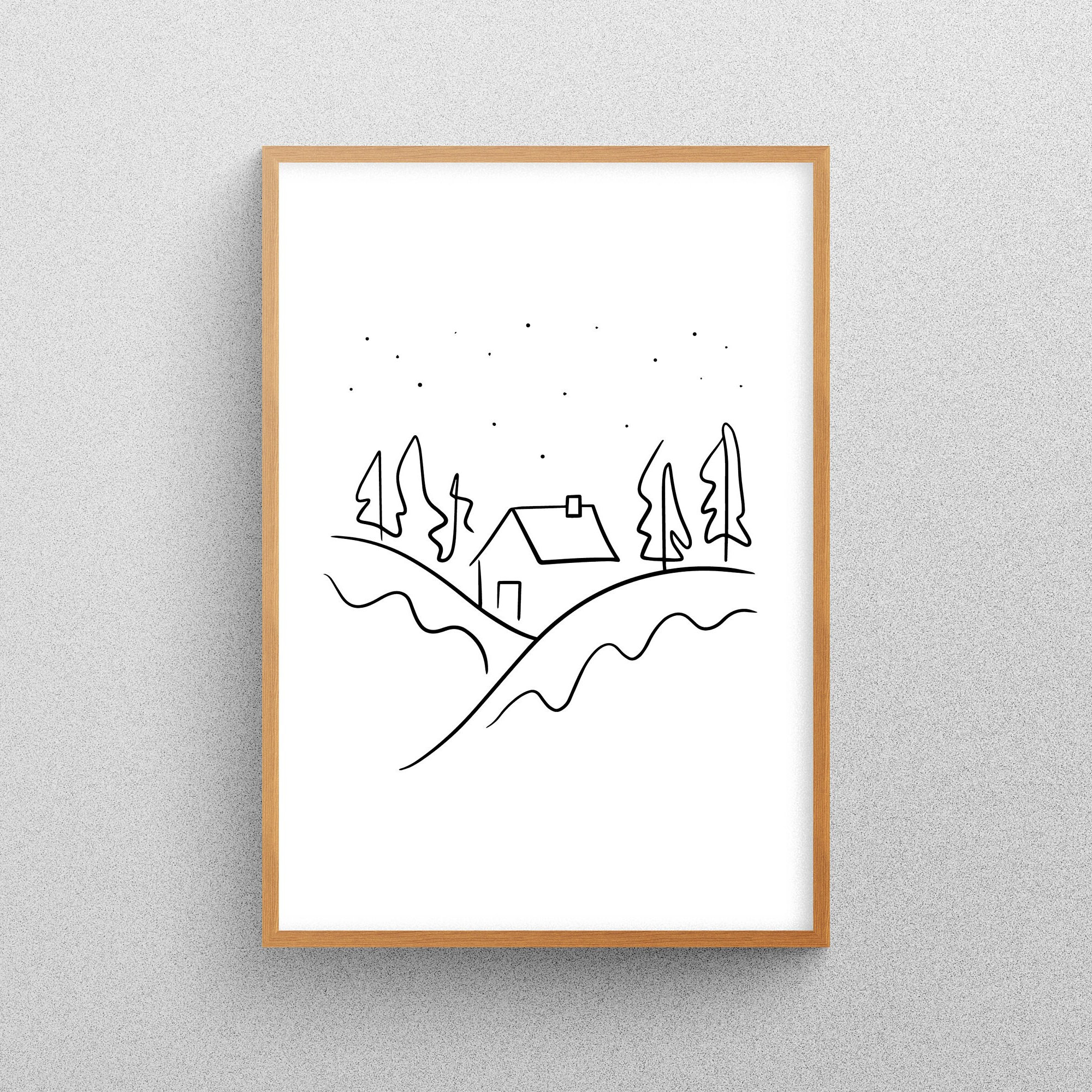 House in Winter Line Art, Christmas Wall Art, Minimalistic, Abstract ...