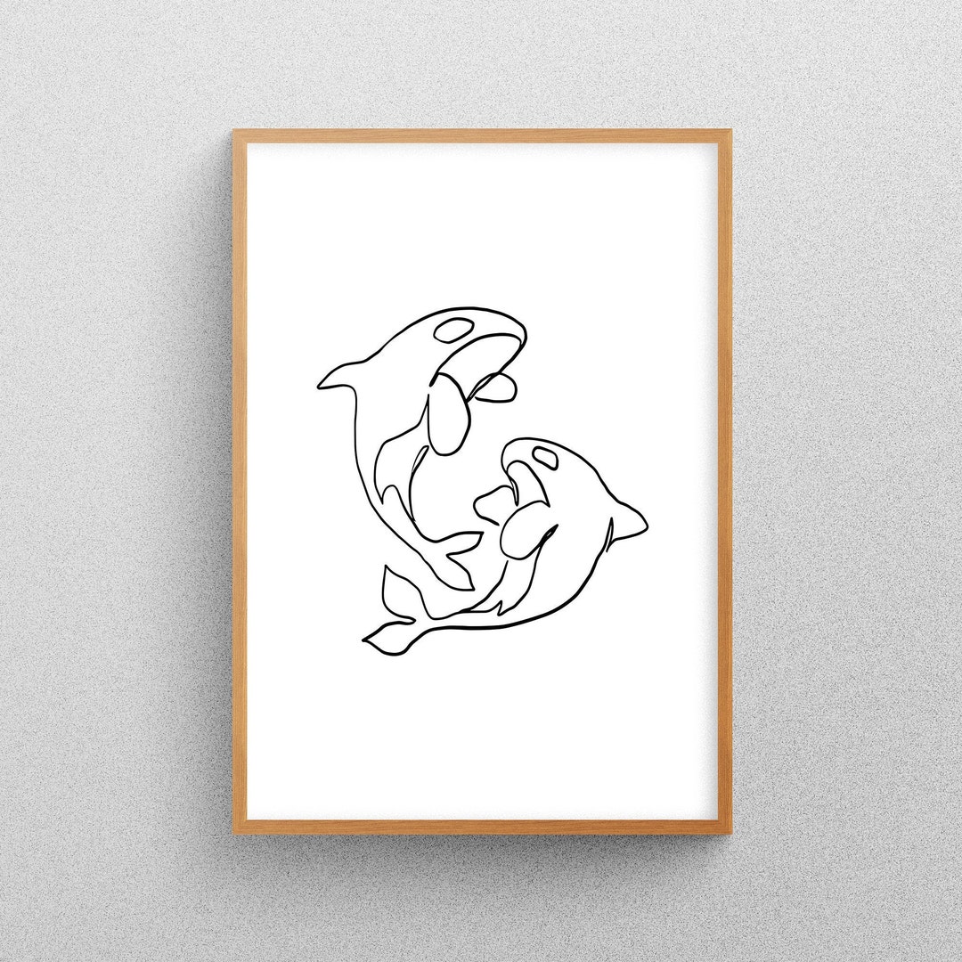 Orca, Killer Whale Couple Digital Wall Print Line Art Abstract Drawing ...