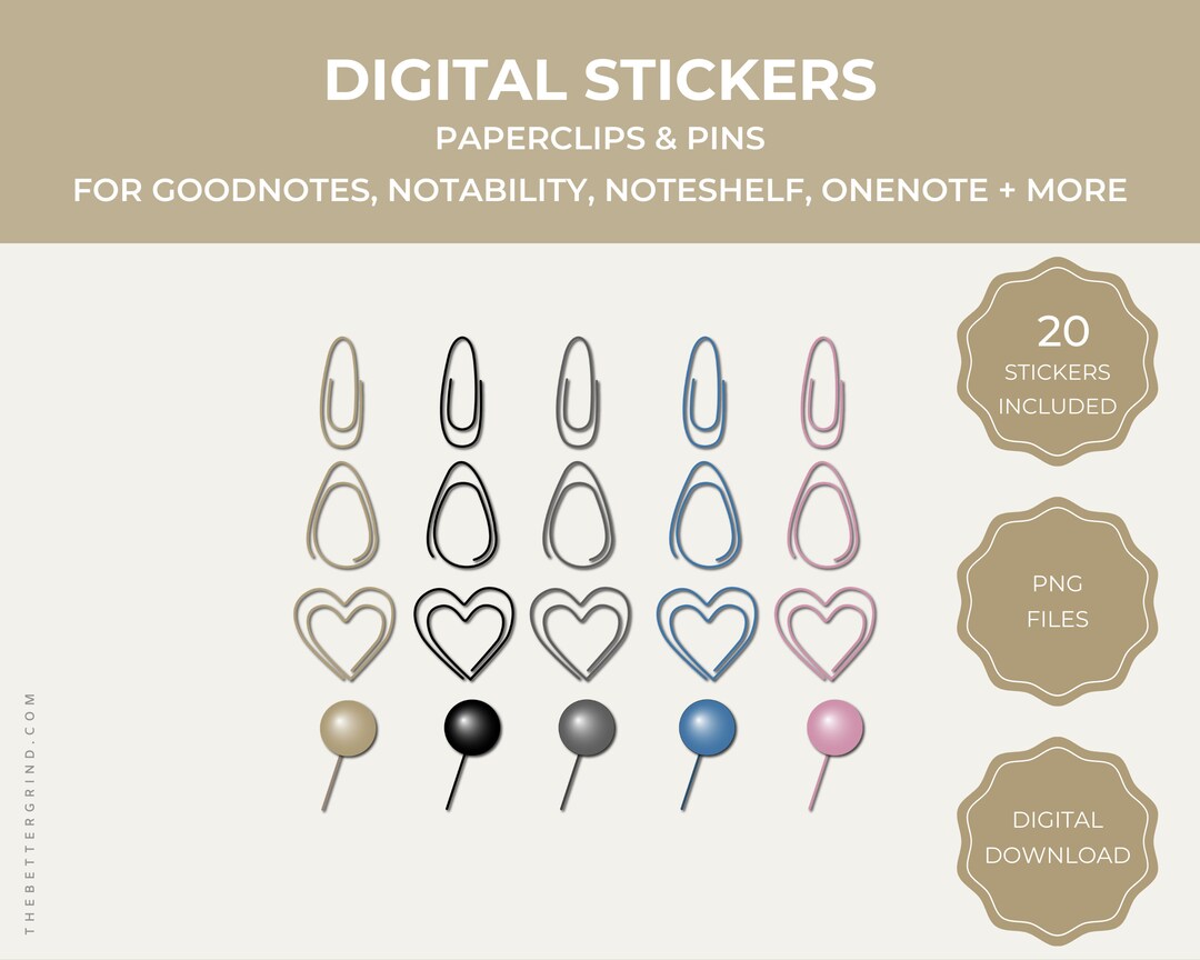 Cute Paperclip & Pin Digital Stickers for Goodnotes, Noteshelf ...