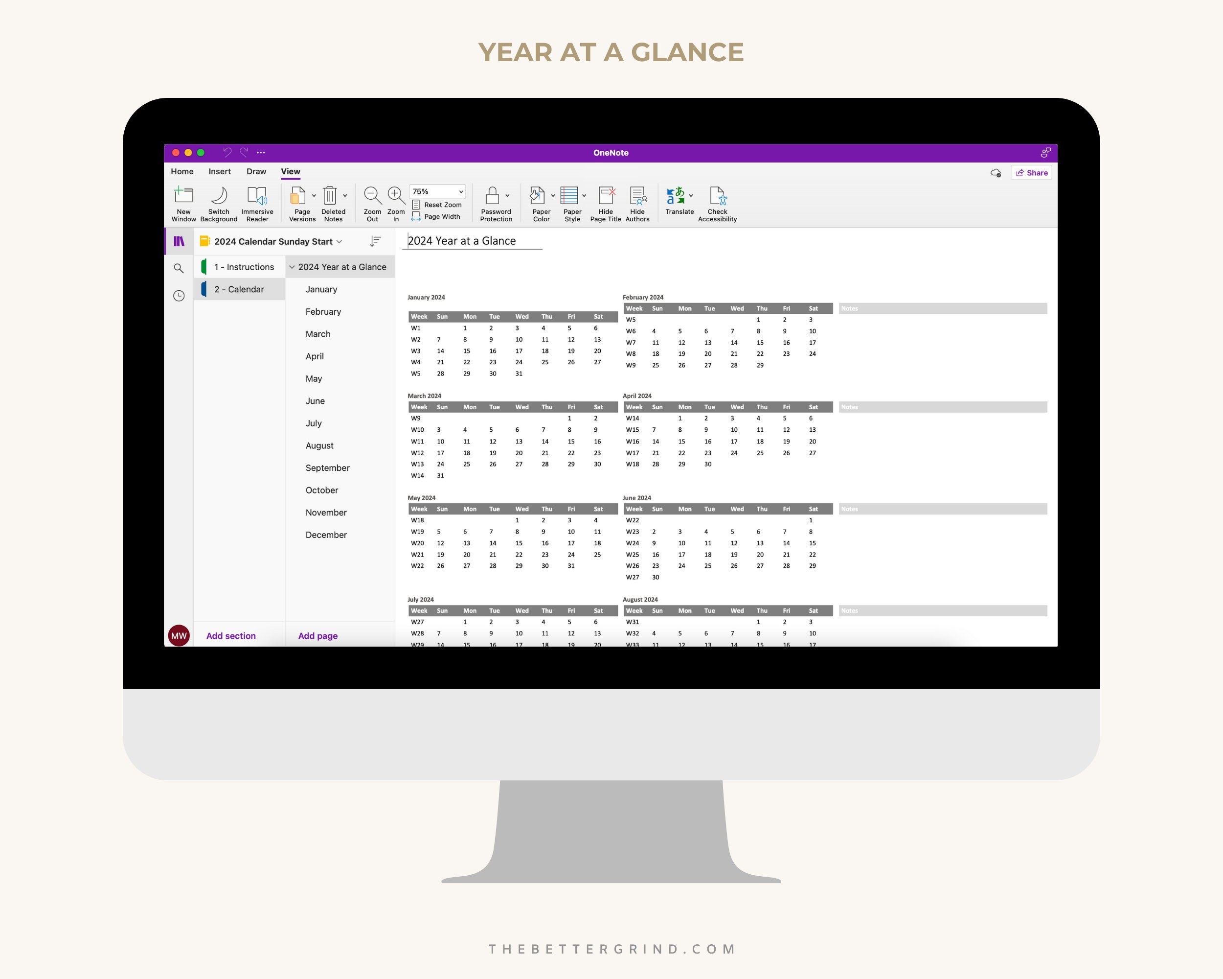 2024 Editable Sunday Start Onenote Calendar, Yearly and Monthly ...