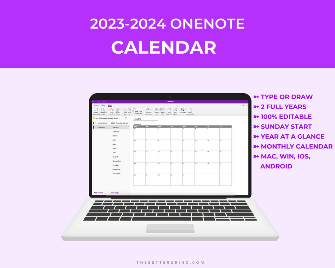 2023-2024 Editable Sunday Start Onenote Calendar Yearly and - Etsy ...