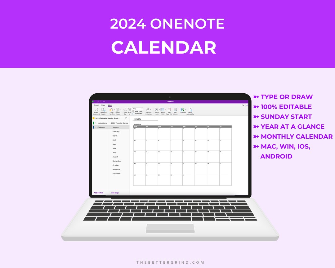 2024 Editable Sunday Start Onenote Calendar, Yearly and Monthly ...