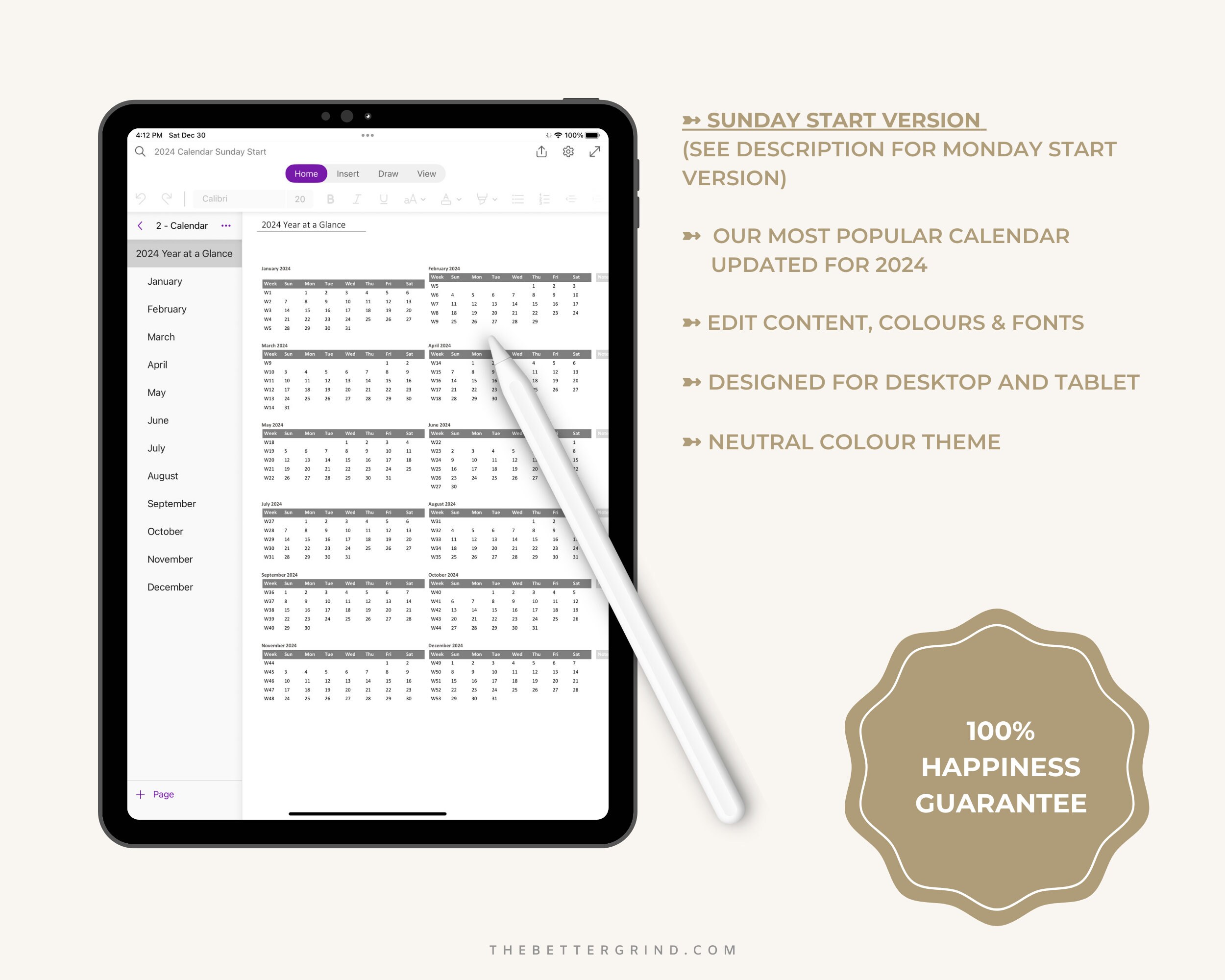 2024 Editable Sunday Start Onenote Calendar, Yearly and Monthly ...