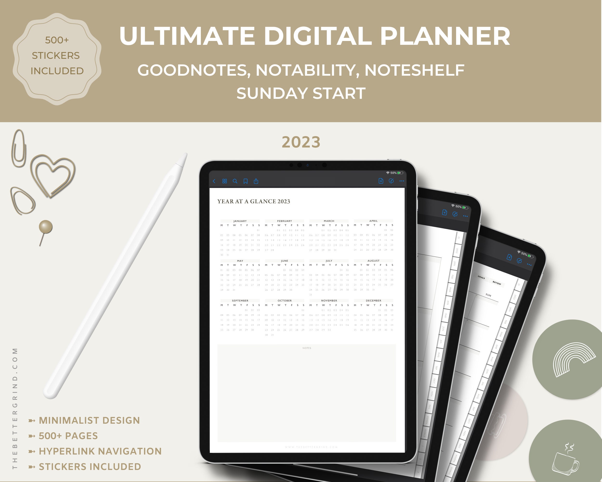 IPad Digital Planner 2023, Sunday Start, All in One Portrait Monthly ...