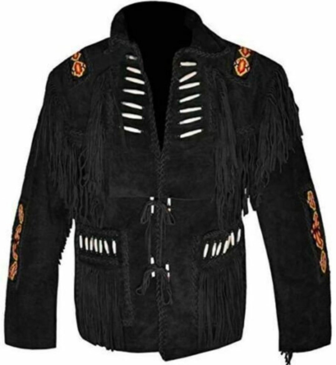 New Mens Native American Cowboy Buckskin Leather Jacket Coat With ...