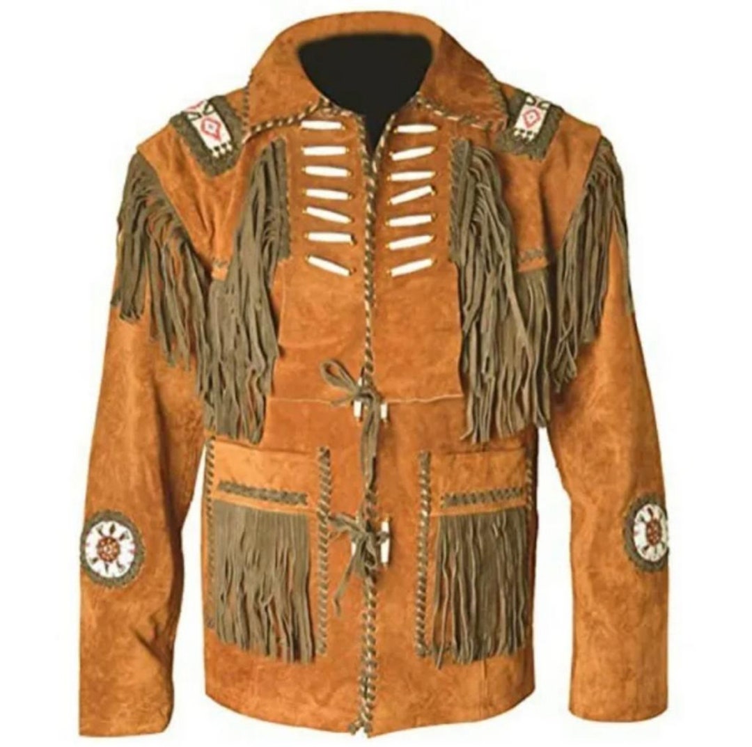 Men Native American Western Cowboy Leather Jacket Fringe & Beaded ...