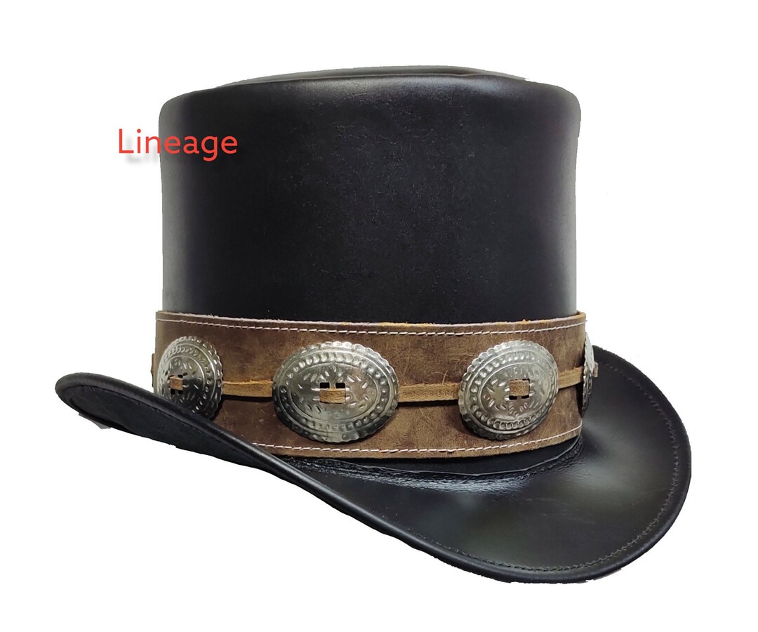 Leather Top Hat Rocker Style Conchos Band Black Color Handmade With 100 ...