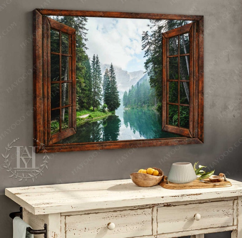 Canvas Painting Wall Art Home Decor Faux Window Canvas Beautiful Forest ...