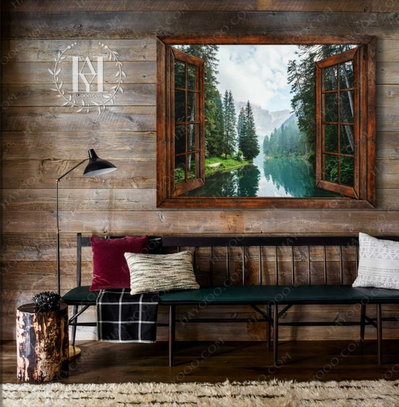 Canvas Painting Wall Art Home Decor Faux Window Canvas Beautiful Forest ...