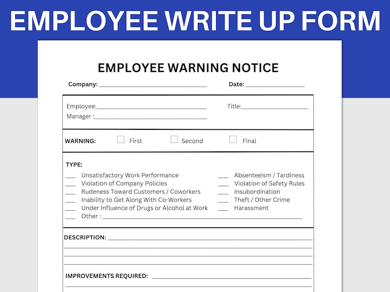 Employee Write up Form, Disciplinary Form, Employee Warning, Employee ...