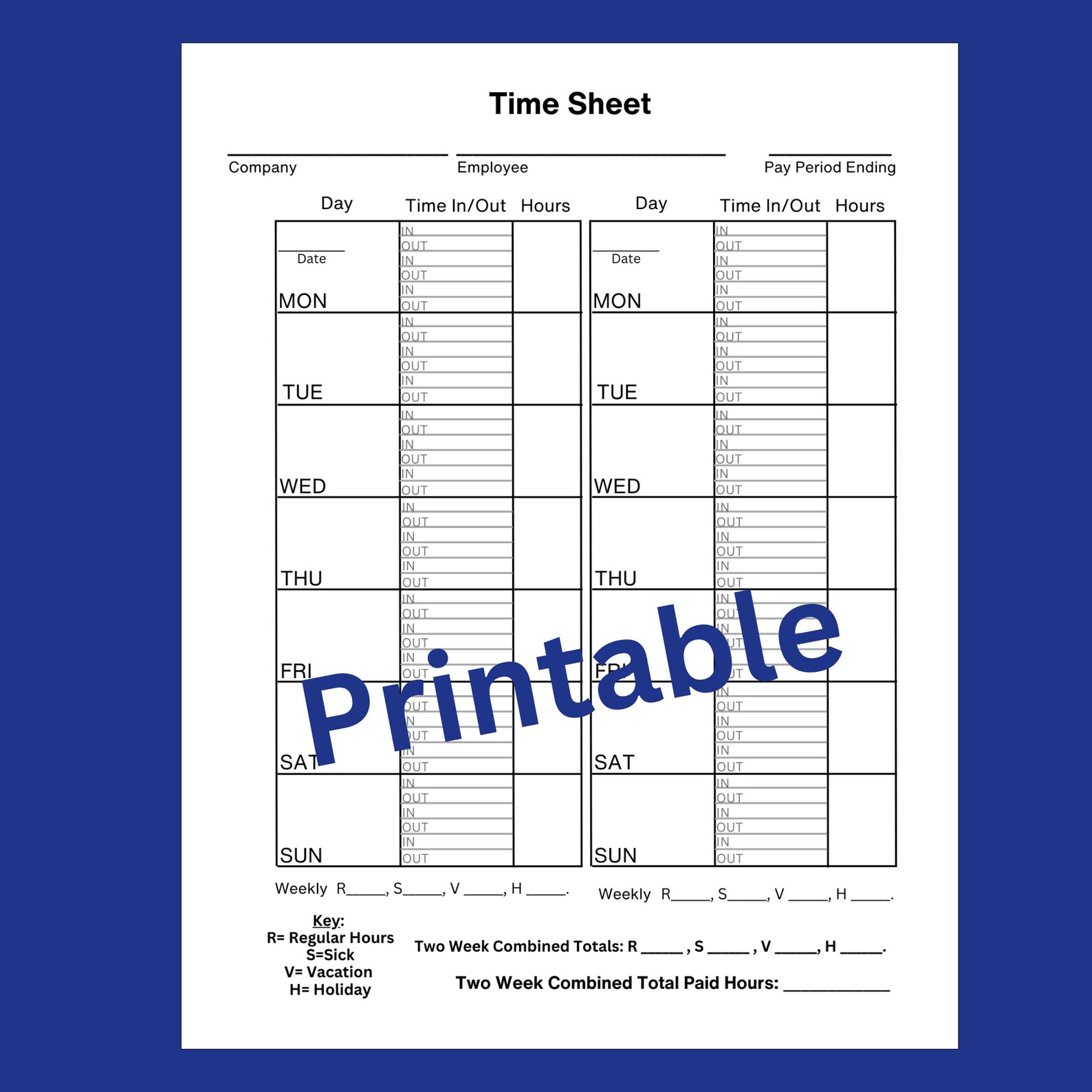 Timesheet, Printable Timesheet, Biweekly Timesheet, Write up Form, Task ...