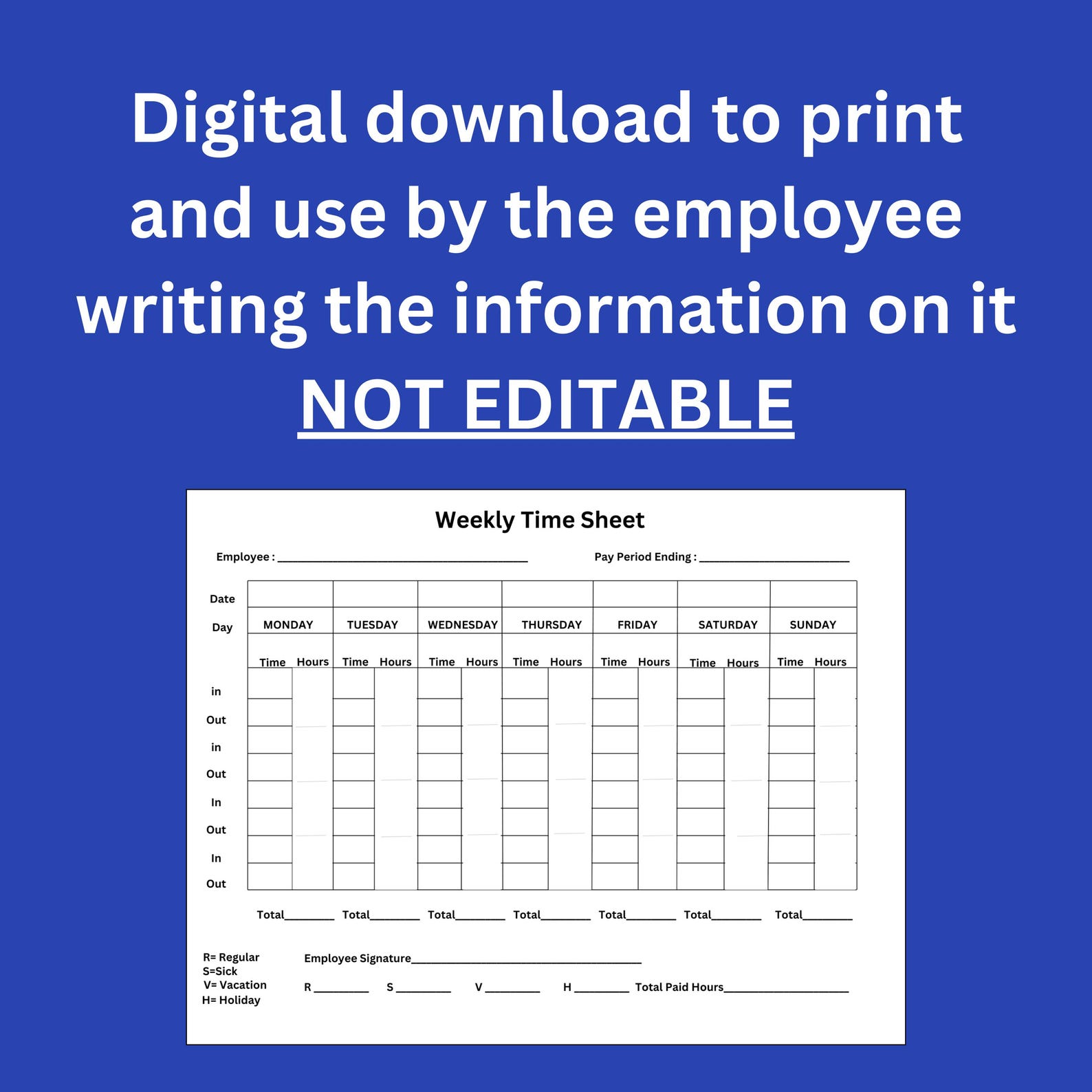 Time Sheet, 1 Week Time Card, Time Sheet 4 in Outs, Payroll Time Sheet ...